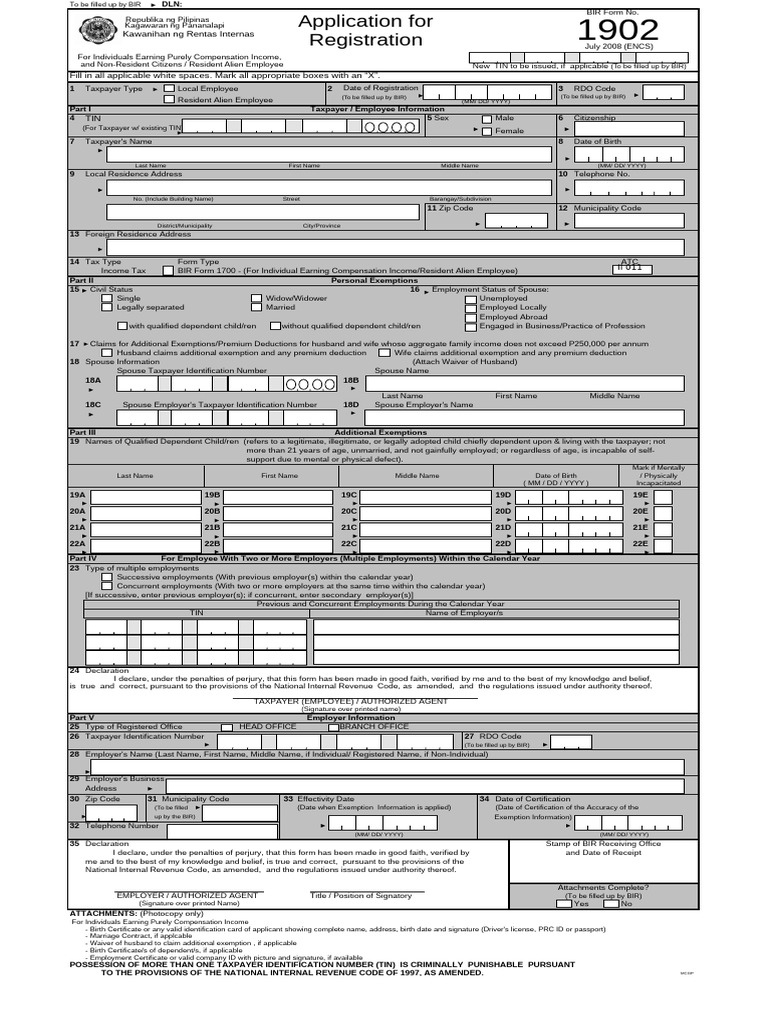 BIR FORM NO 1902 Application For Registration | PDF | Identity Document ...