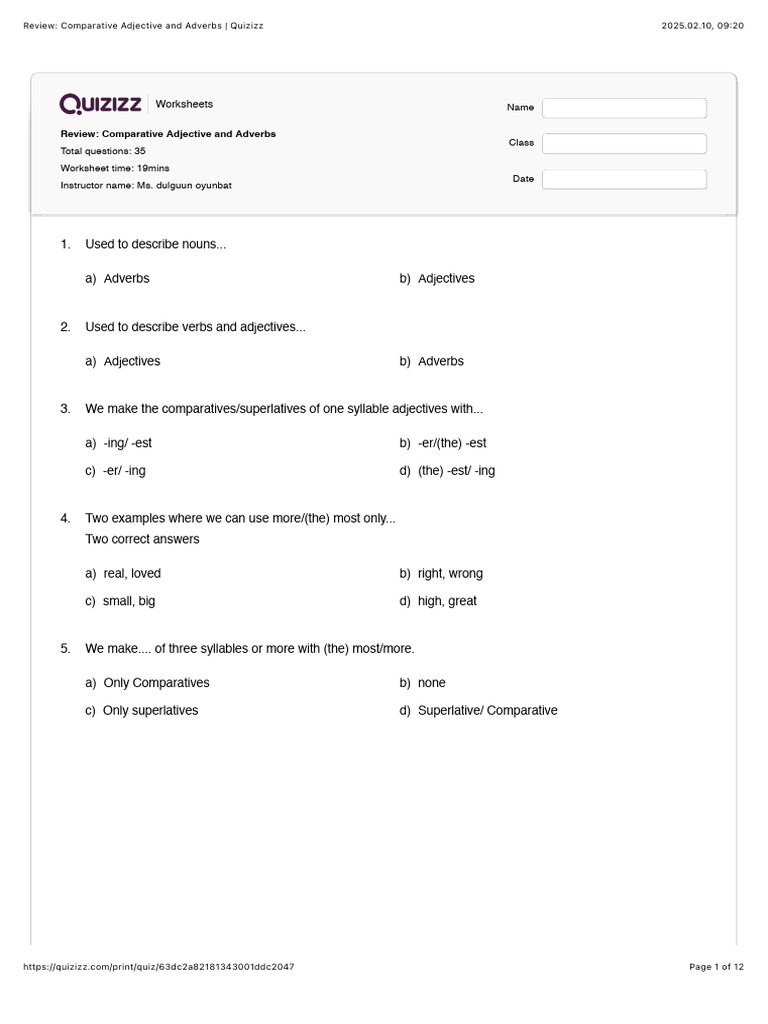 Review: Comparative Adjective and Adverbs - Quizizz | PDF | Adjective ...
