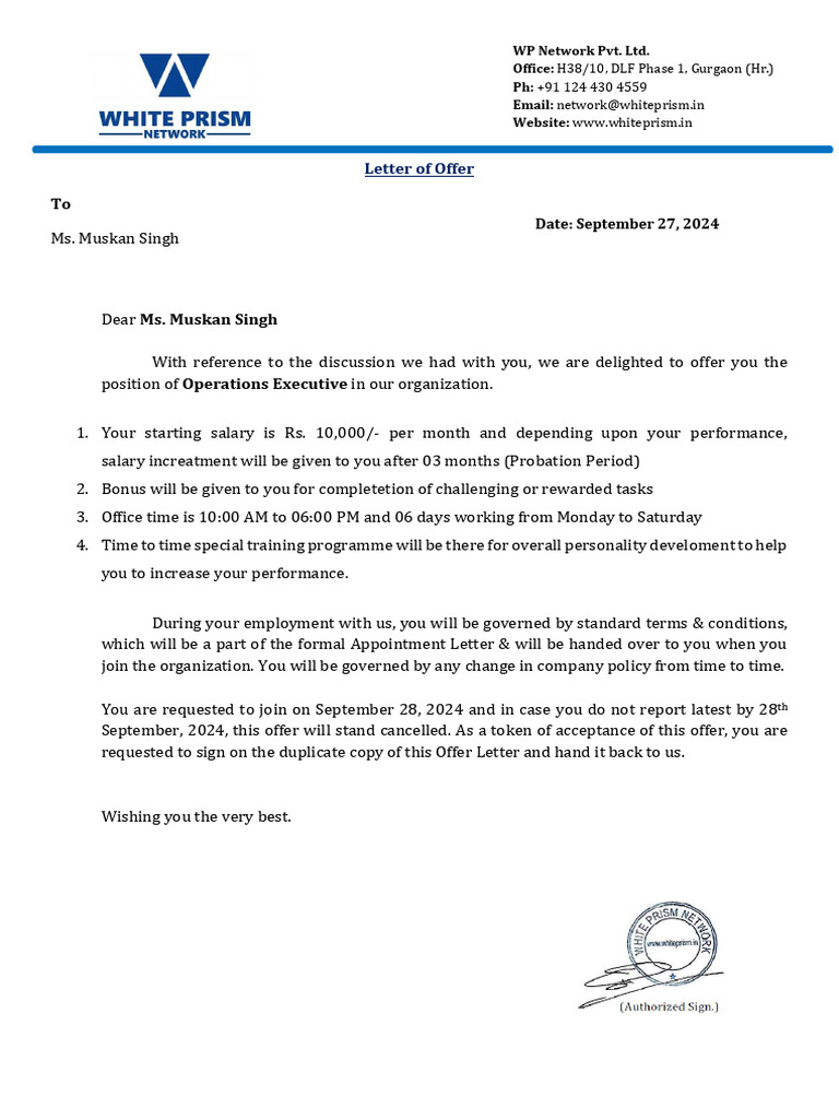 Muskan Singh - Offer Letter | PDF