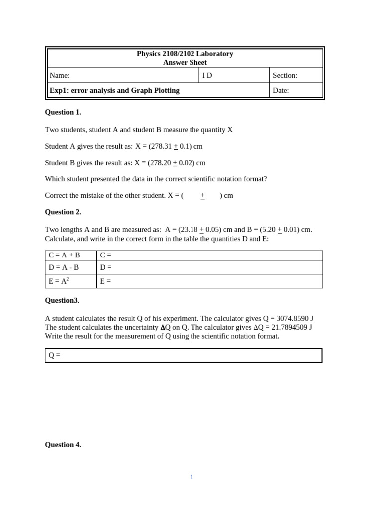 Experiment I - Answer Sheet | PDF