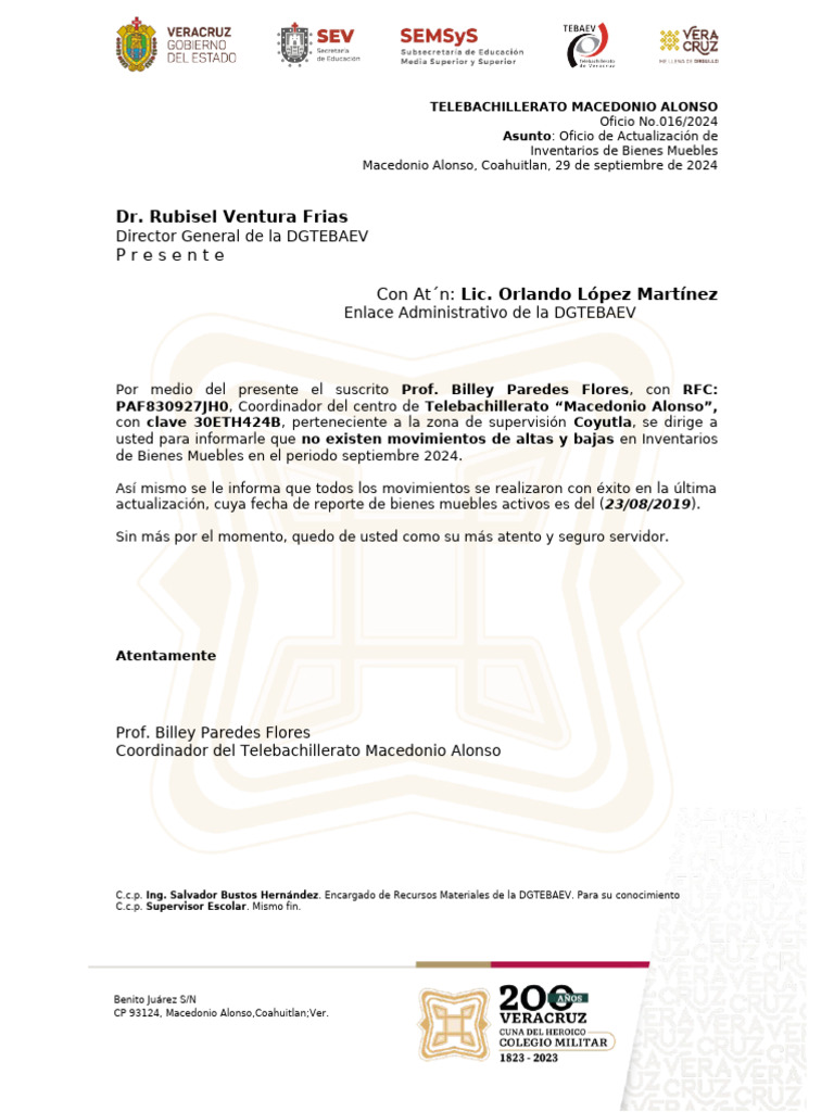 oficio NO altas y bajas 2024-2025 sicobip | PDF