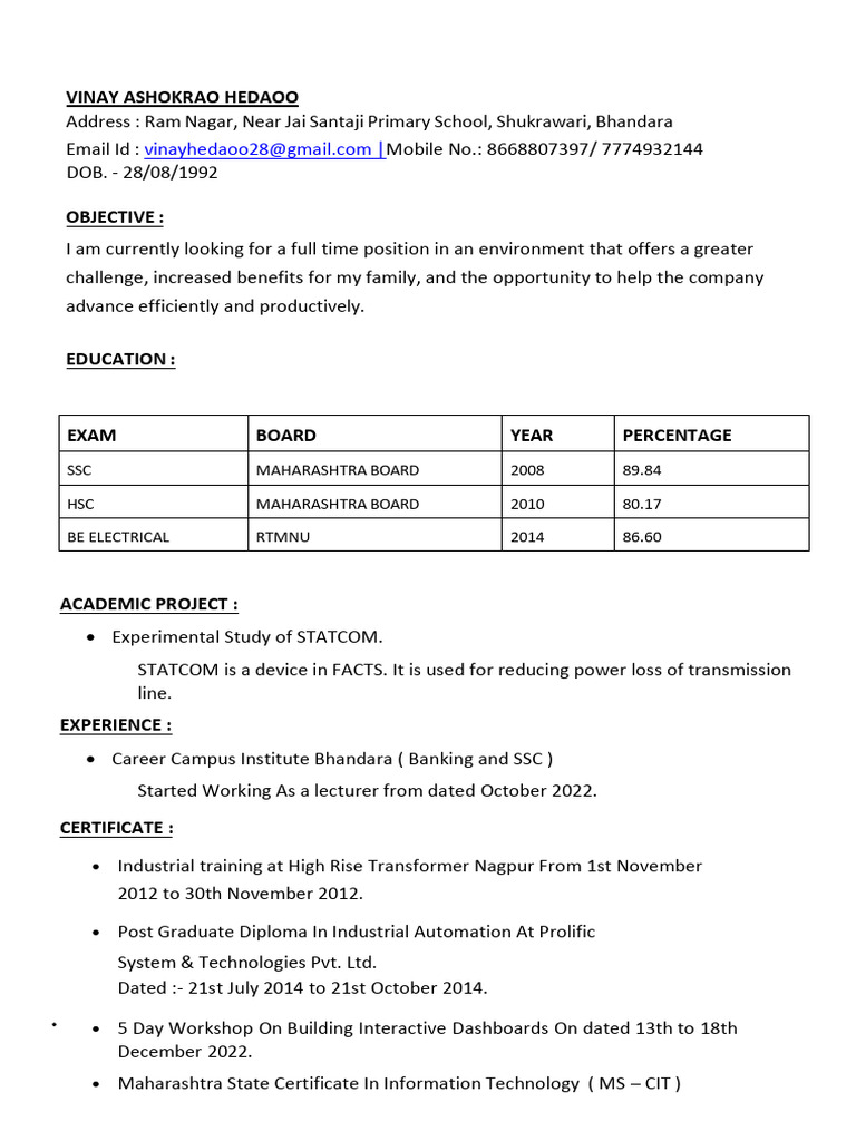 Vinay Hedaoo Resume | PDF