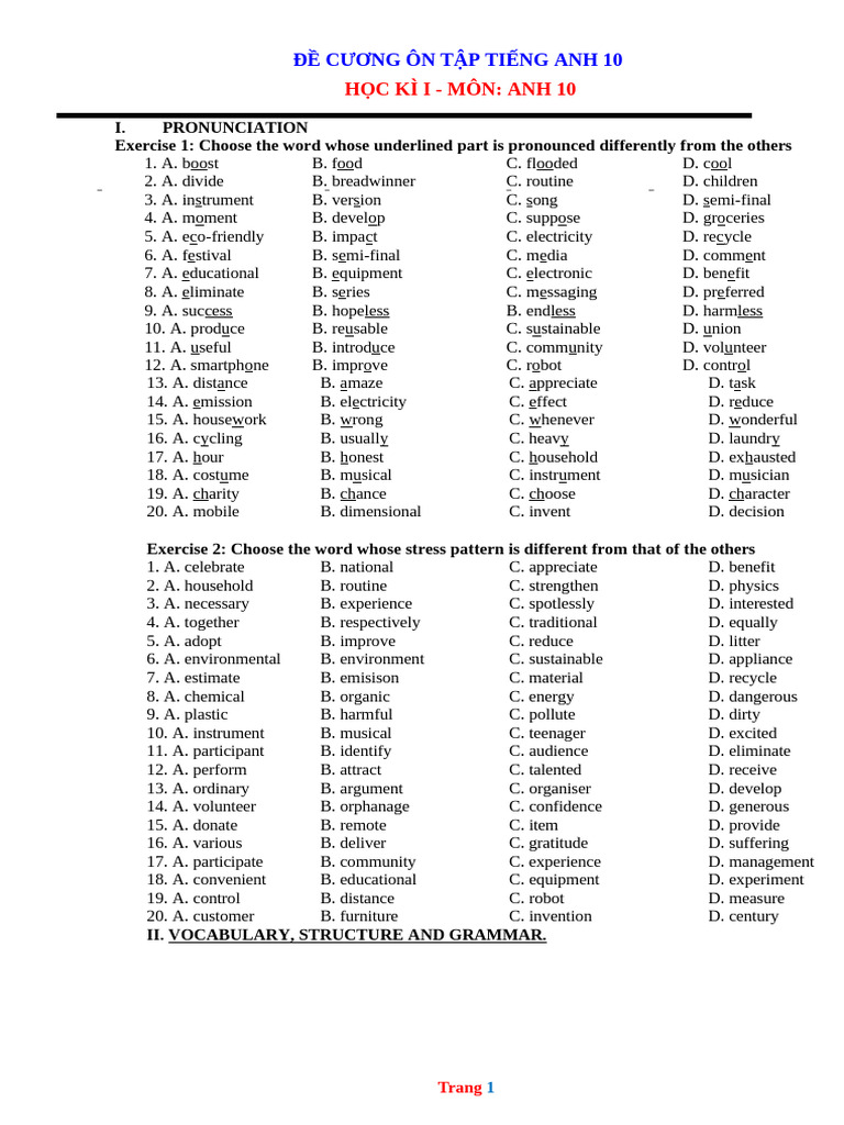 De Cuong On Tap HK1 Anh 10 Nam 2022 2023 | PDF | Pollution