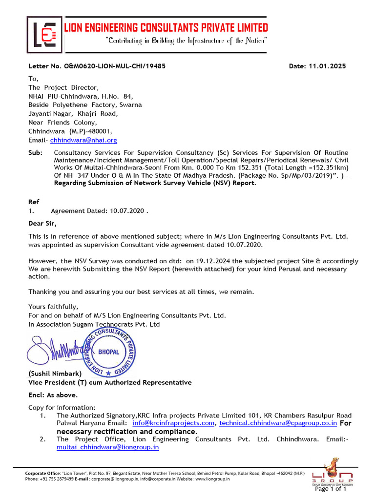 O&M0620 - 19485 - Regarding Submission of Network Survey Vehicle (NSV ...