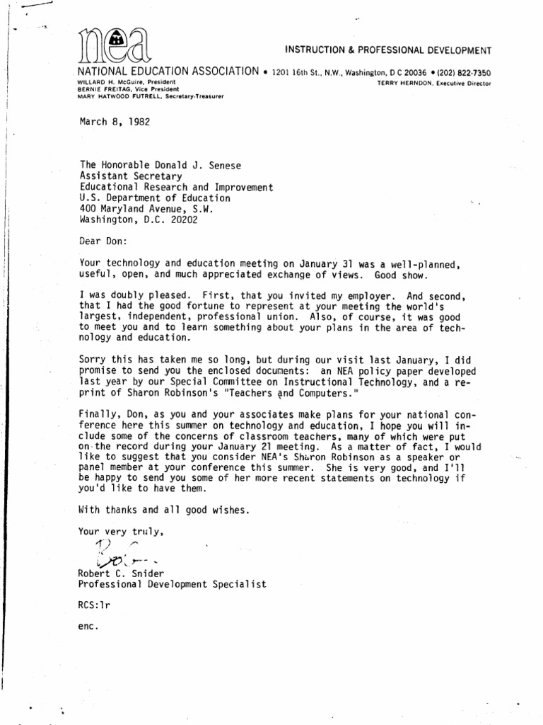 NEA Letter To Donald Senese From Robert Snider-Instructional and Prof ...