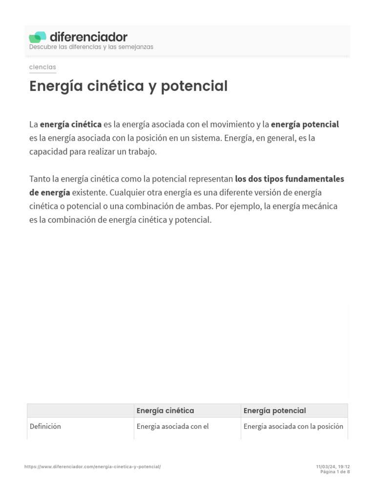 Energía Cinética y Potencial: Definición y Ejemplos | PDF | Energía ...