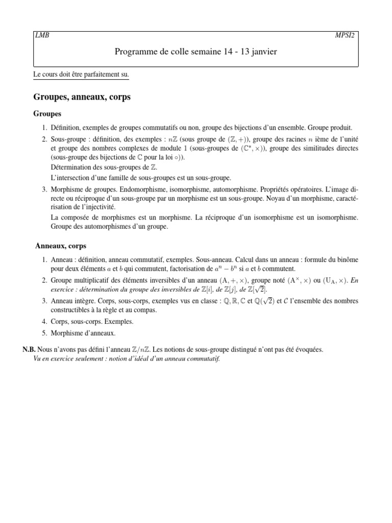 Semaine14 - Structures - Groupes Anneaux Corps | PDF | Anneau ...