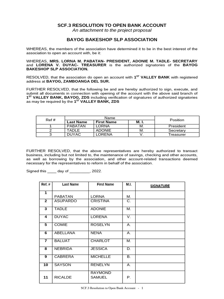 Bayog Bakeshop Account Opening Resolution | PDF