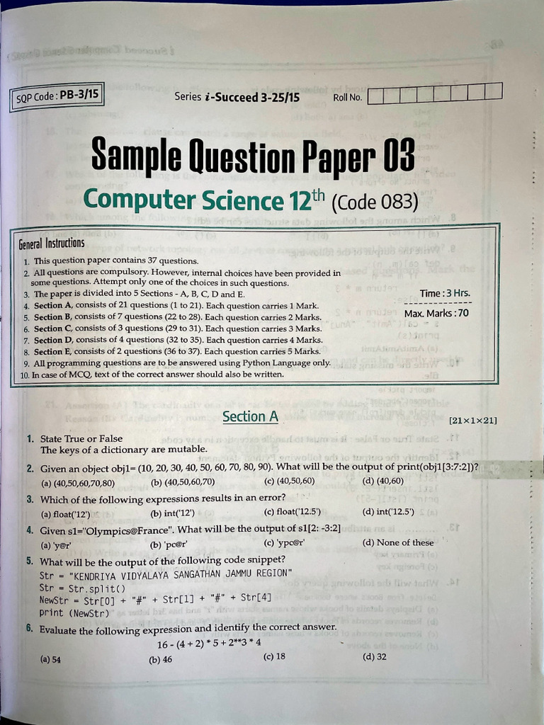 Practice SAMPLE PAPER 1 Comp Sci_124619 | PDF | Computer Programming | Computing