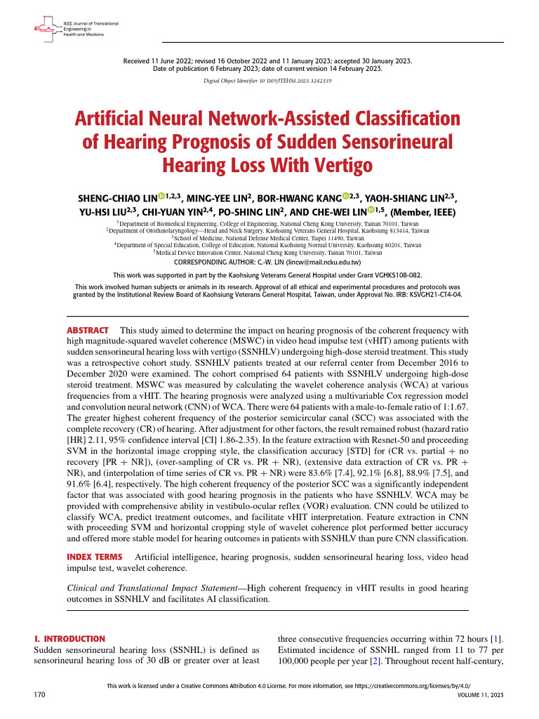 Artificial Neural Network-Assisted Classification of Hearing Prognosis of Sudden Sensorineural ...