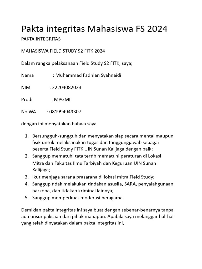 Pakta Integritas Mahasiswa FS S2 FITK 2024 | PDF