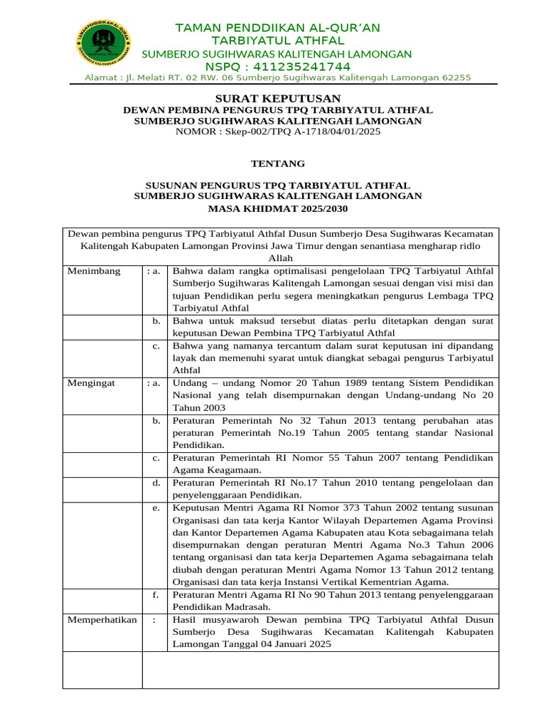 Susunan Pengurus TPQ Tarbiyatul Athfal | PDF