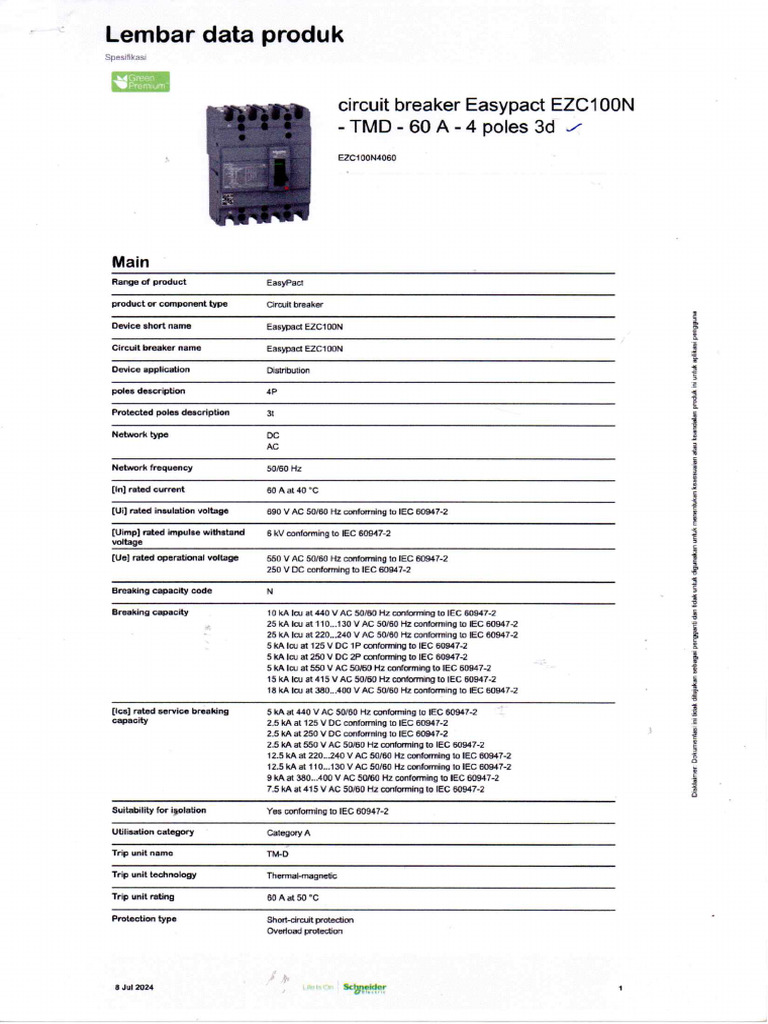 1 Mat' MCC CIRCUIT BREAKER EZC100N EZC100N4060 | PDF