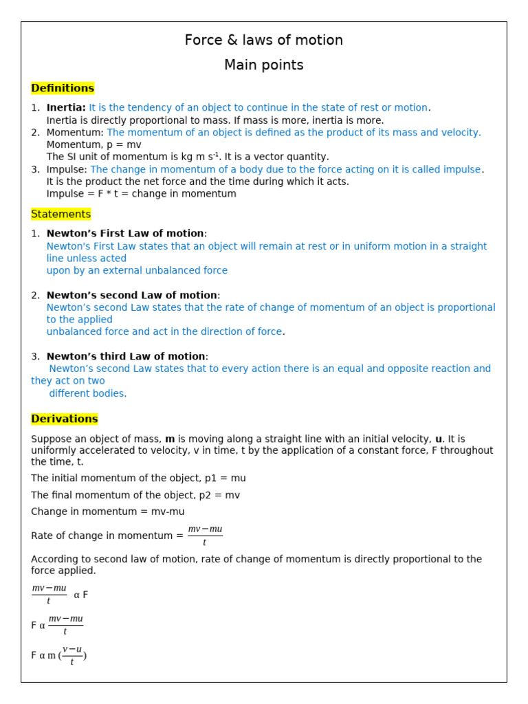 Force & Laws of Motion-Main Points | PDF | Force | Momentum