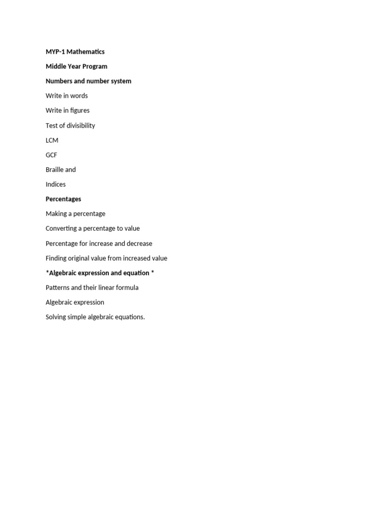 MYP-1 Maths Syllabus Overview | PDF