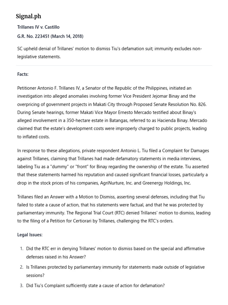 Trillanes IV Vs Castillo-Marigomen | PDF | Defamation | Complaint