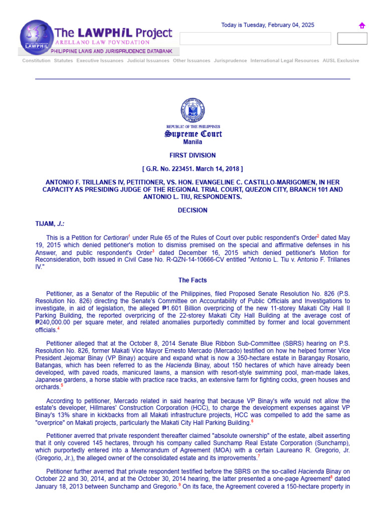 Trillanes vs. Tiu: Defamation Case Overview | PDF | Defamation | Complaint