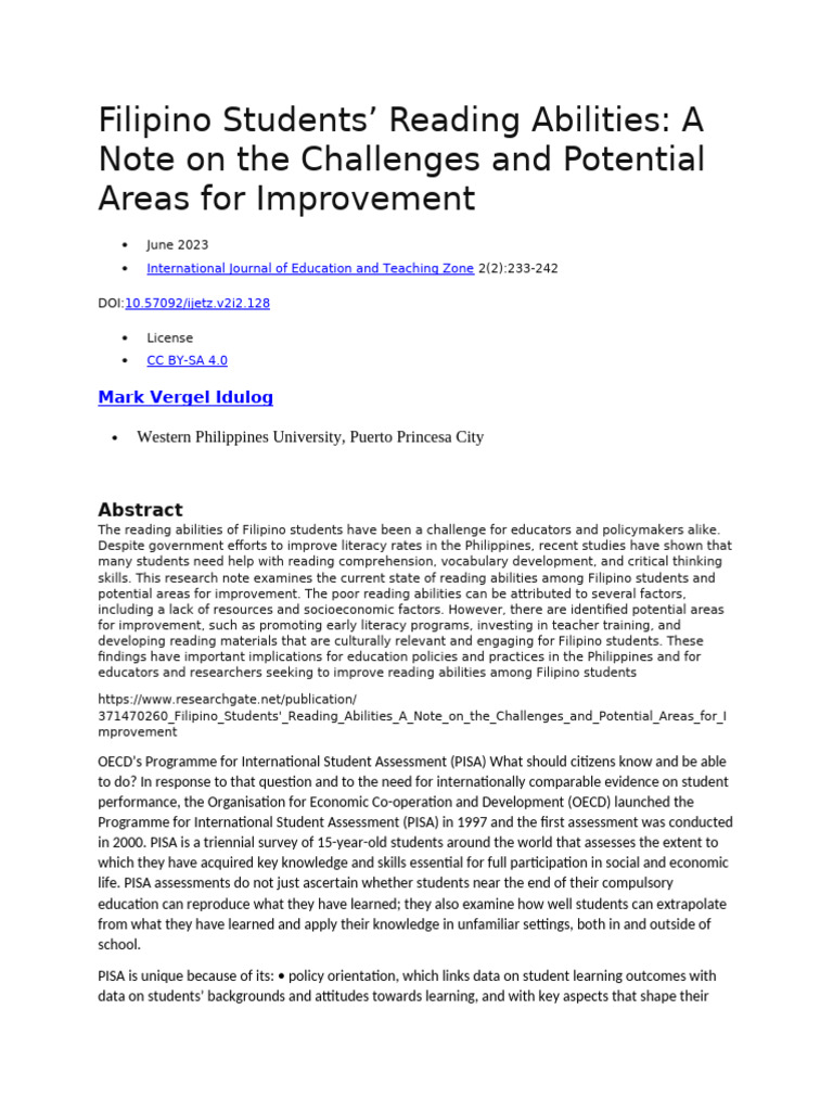 Challenges in Filipino Students' Reading Skills | PDF | Programme For ...