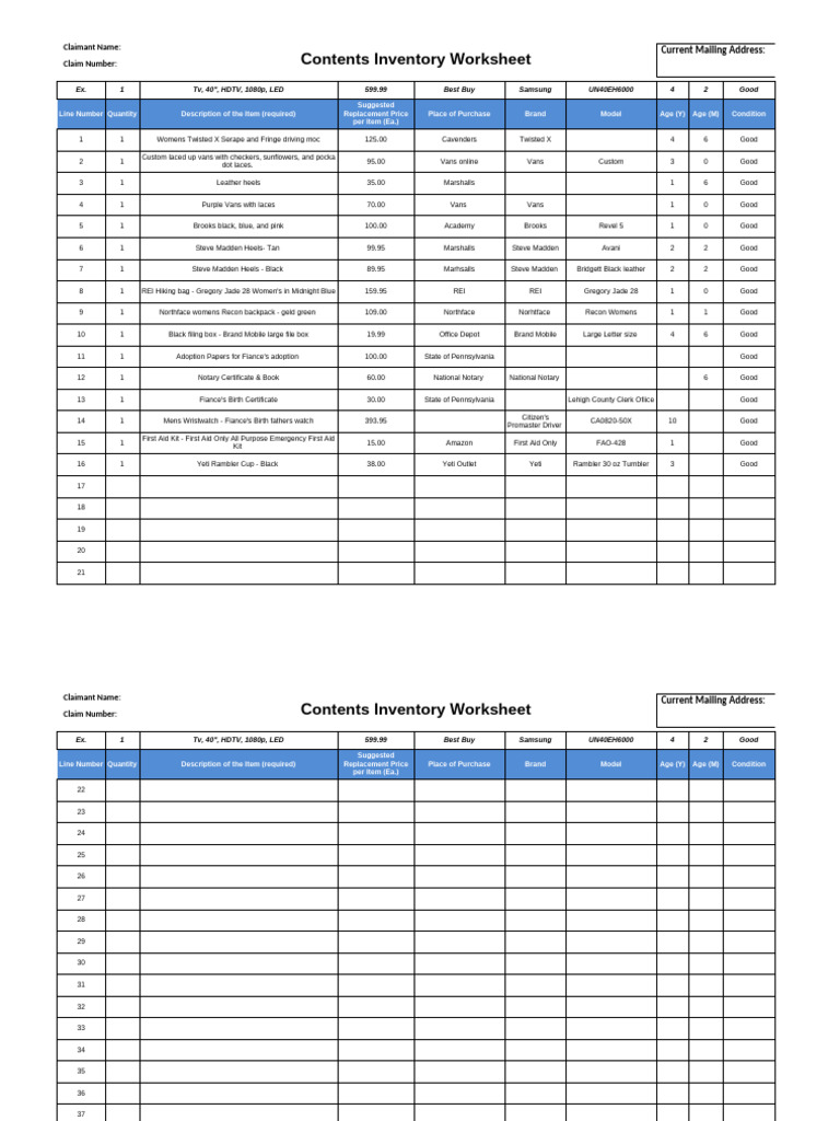 Contents Inventory Worksheet (1) | PDF
