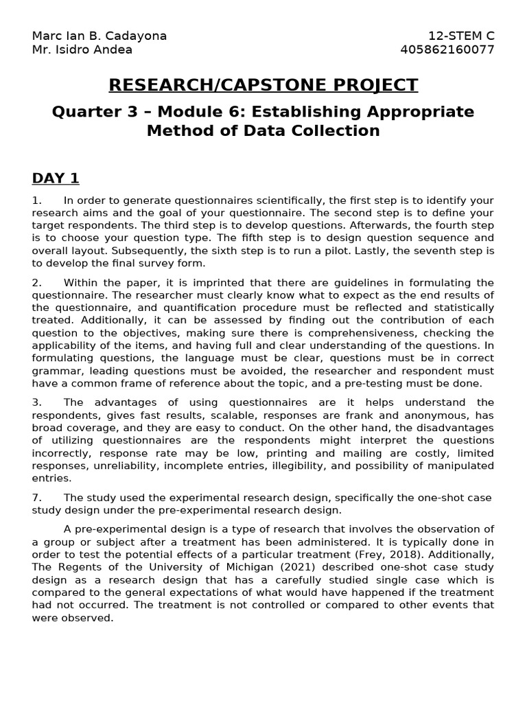 Capstone q3 Week 6 | PDF | Questionnaire | Experiment