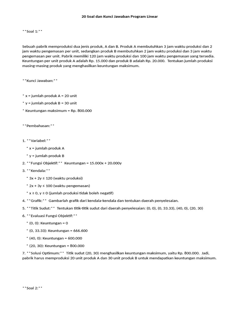 20 Soal Dan Kunci Jawaban Program Linear | PDF