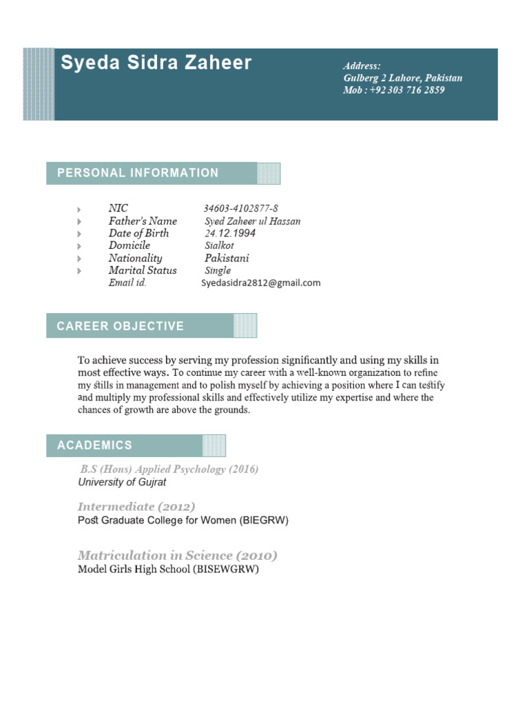 Syeda Sidra Zaheer: Personal Information | PDF
