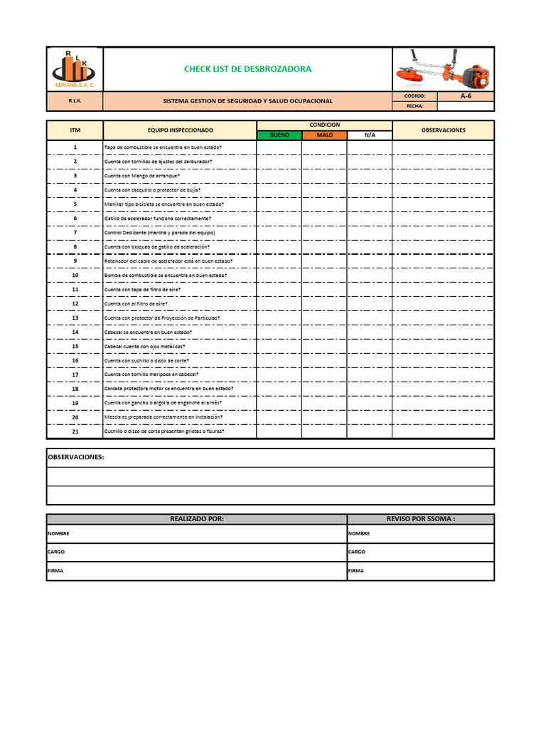 Check List de Desbrozadora | PDF