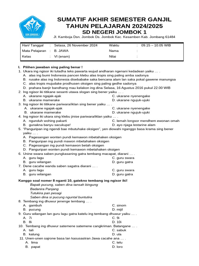 Soal SAS B.JAWA Kls 6 | PDF