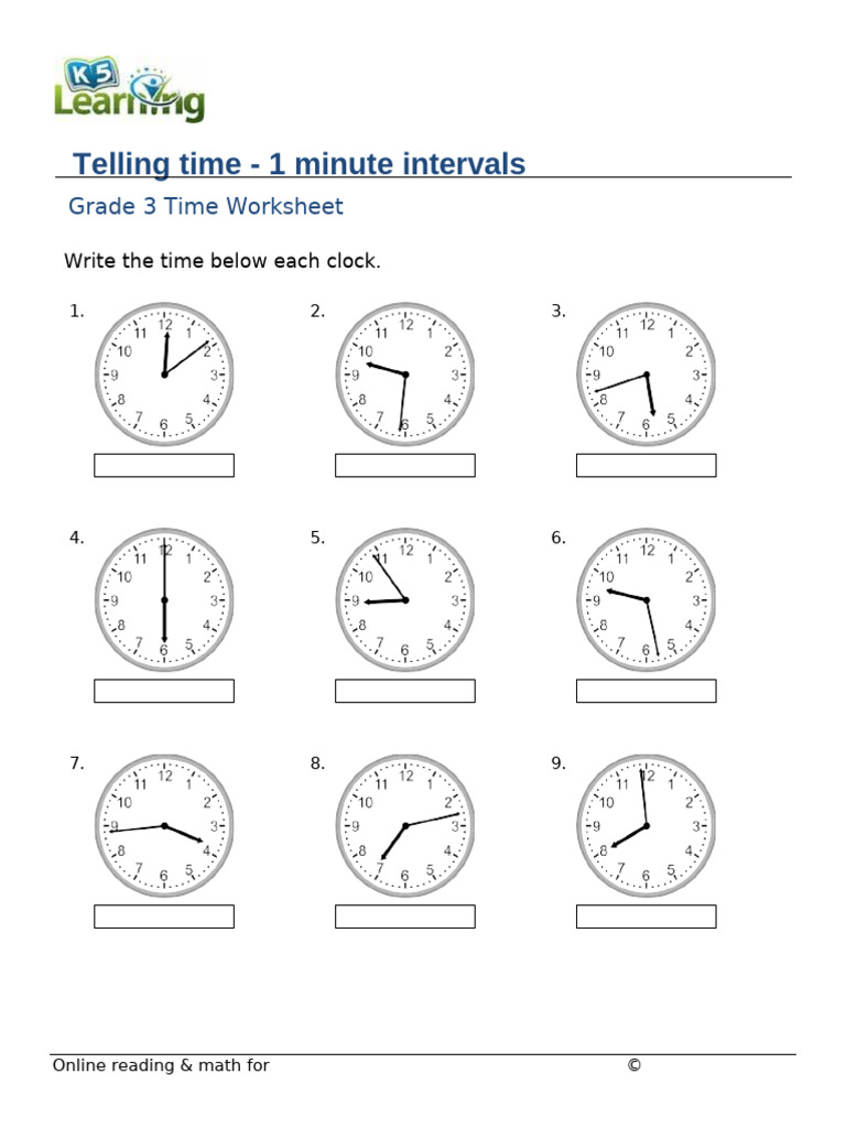 Grade 3 Telling Time 1 Minute Intervals A | PDF