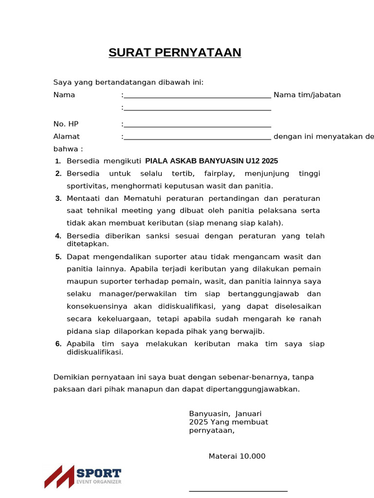 Formulir Foto Pemain & Surat Pernyataan Piala Askab | PDF