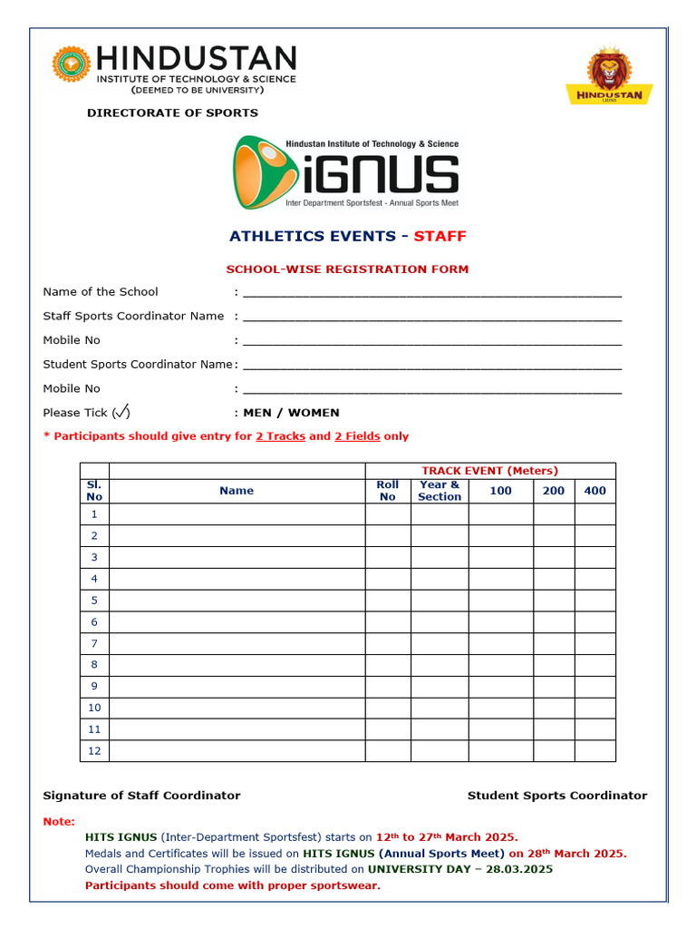 HITS IGNUS - Staff - Athletics Events - Entry Form - 2024 | PDF | Track ...