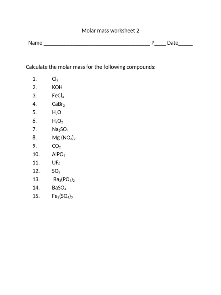 Molar Mass Worksheet 2 Copy | PDF