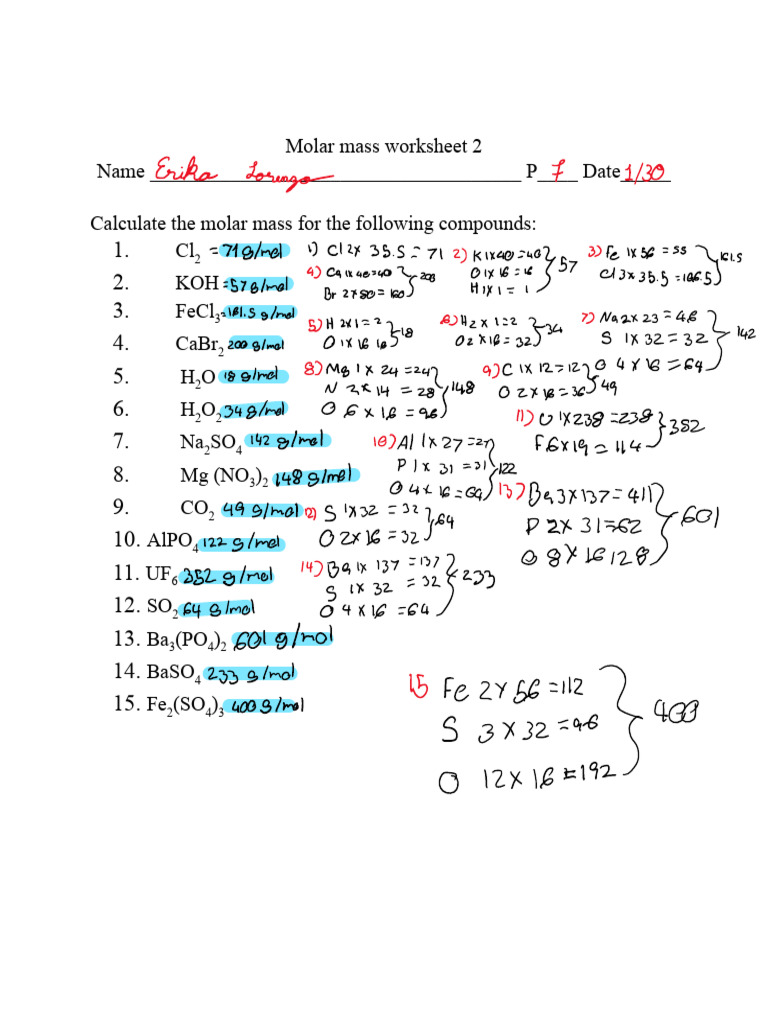 Molar Mass Worksheet 2 Copy | PDF | Quantity | Physical Quantities