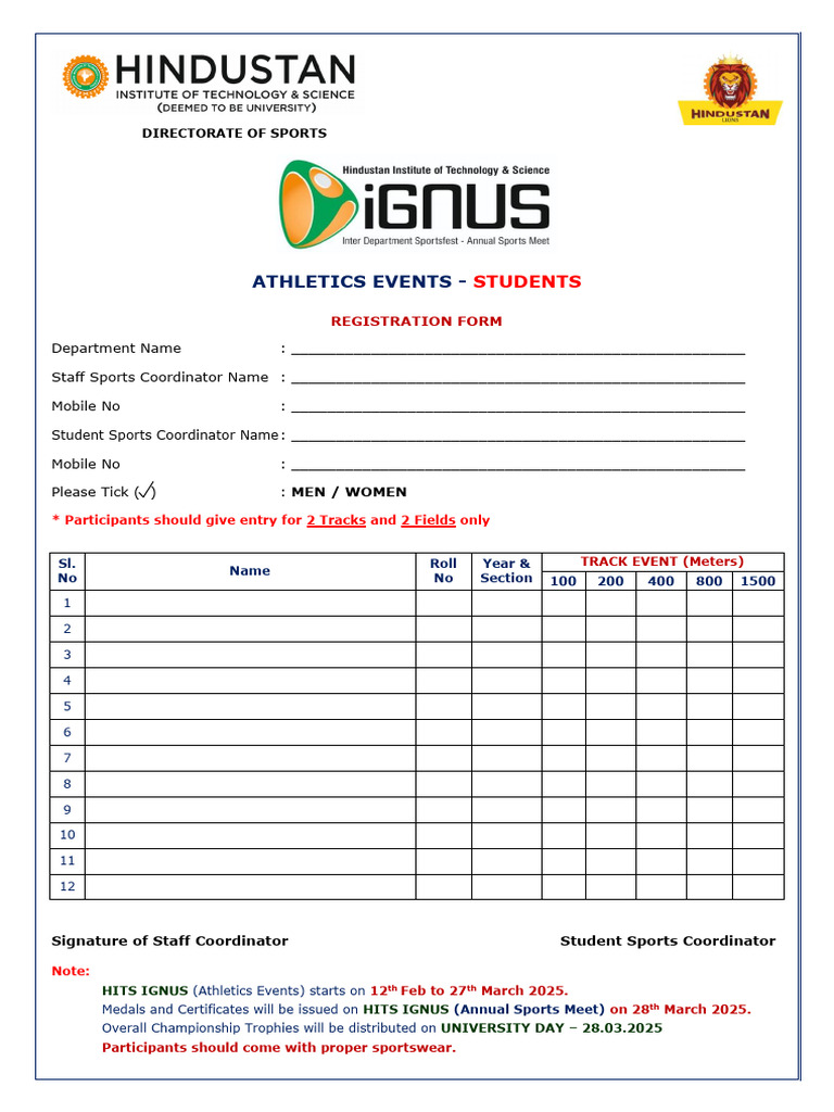 HITS IGNUS 2024 - Students - Athletics Events - Entry Form | PDF ...