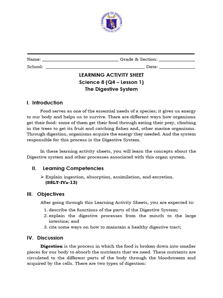 Science 8 q4 Wk1 The Digestive System - Cqa.gqa - Lrqa Edited | PDF | Digestion | Human ...