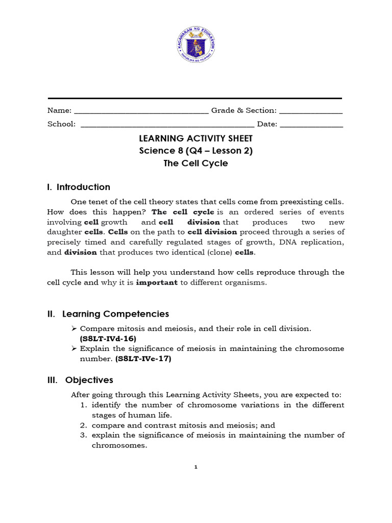 Science8 q4 Wk2 Cell-cycle.cqa.Gqa.lrqa.Final | PDF | Mitosis | Meiosis
