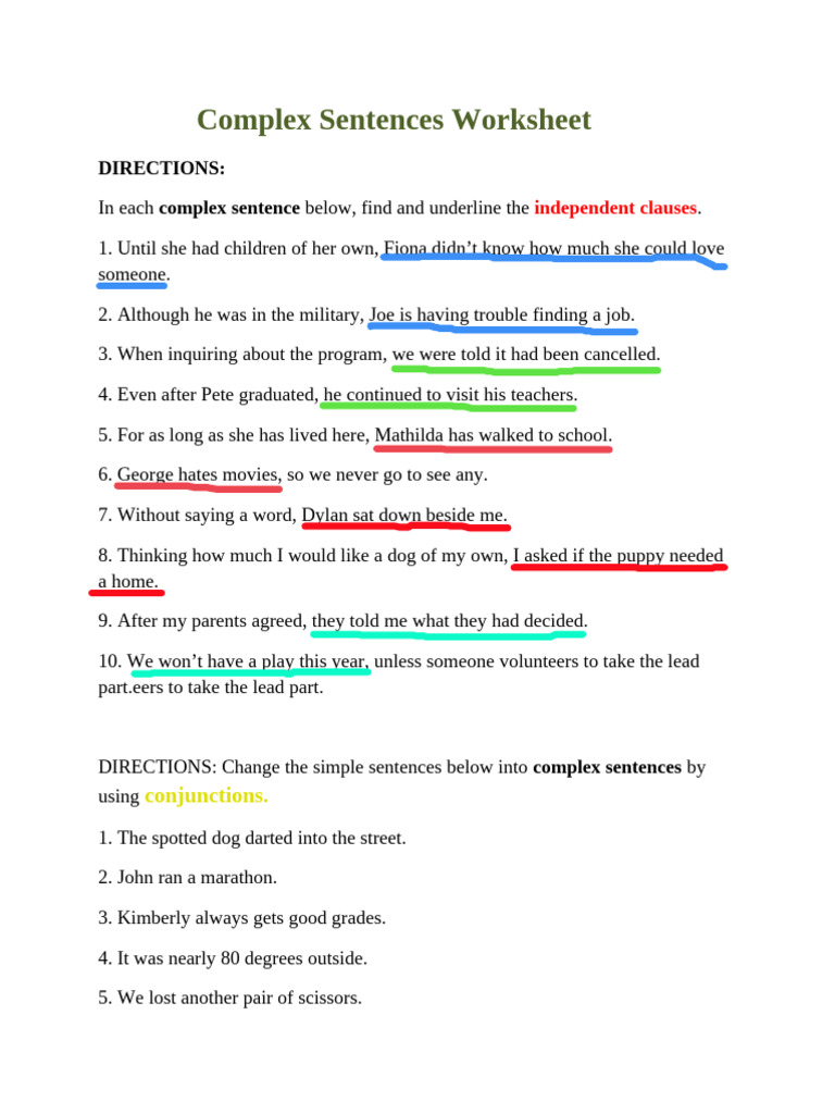 Complex Sentences Worksheet | PDF