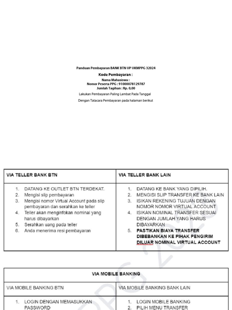 Panduan Pembayaran VA 91000078129787 | PDF