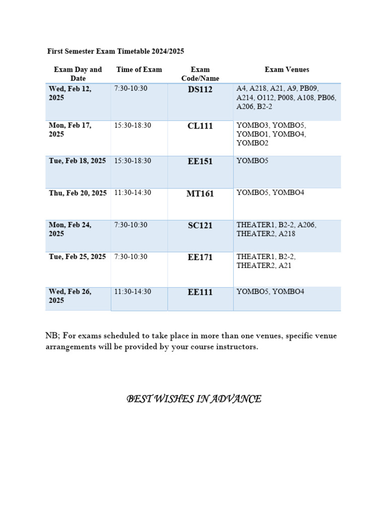 First Semester Timetable | PDF