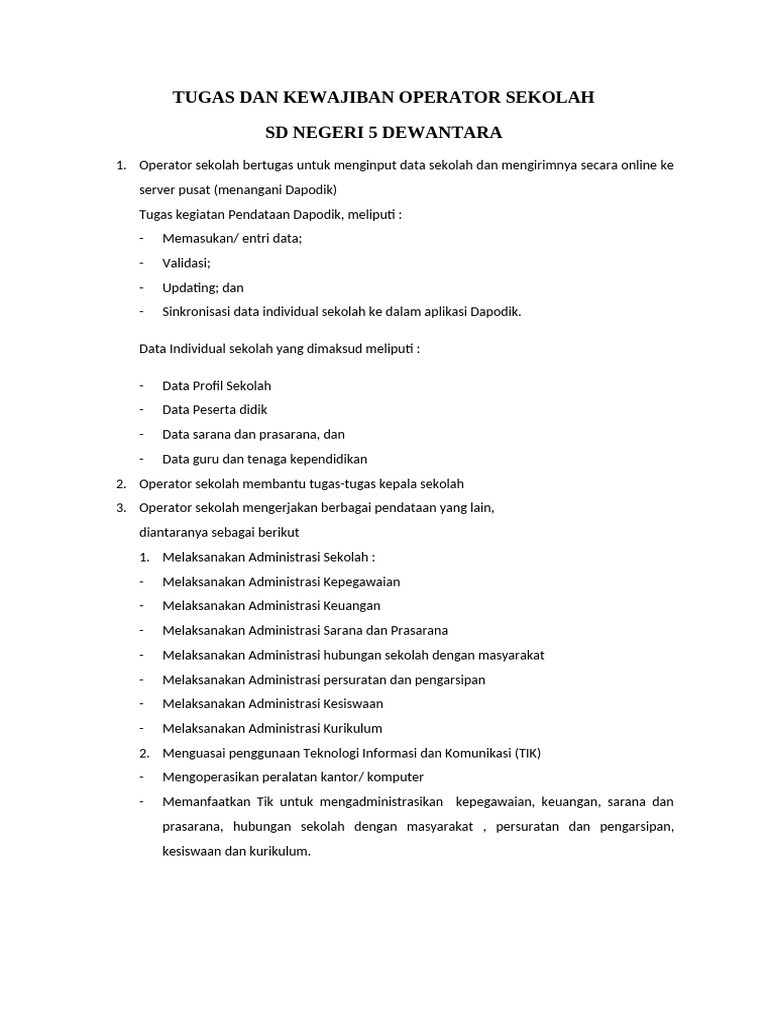 Tugas Utama Operator Sekolah SD | PDF