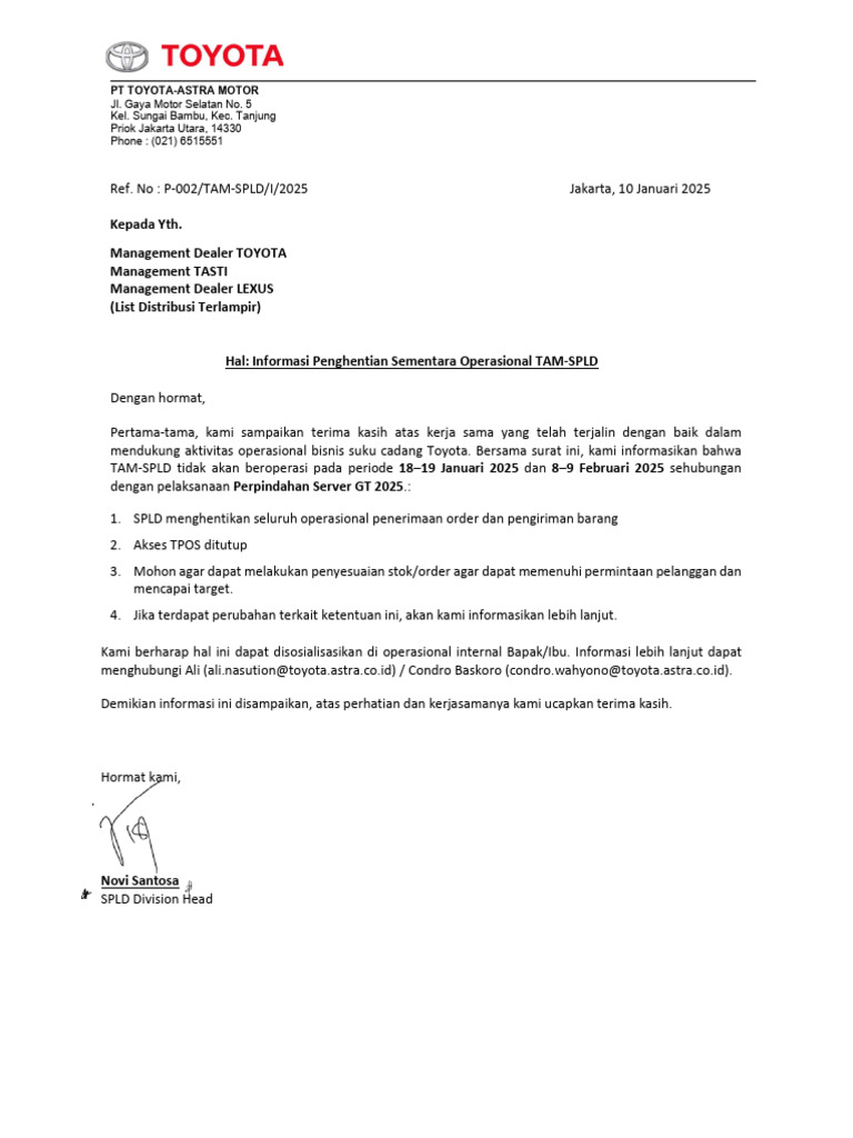 Surat Informasi Penghentian Operasional SPLD Jan & Feb 2025 | PDF | Car ...