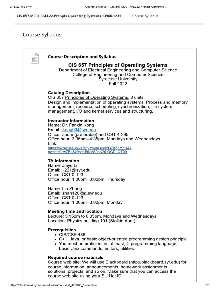 Syllabus and Other Info OS | PDF | Academic Integrity | Process (Computing)