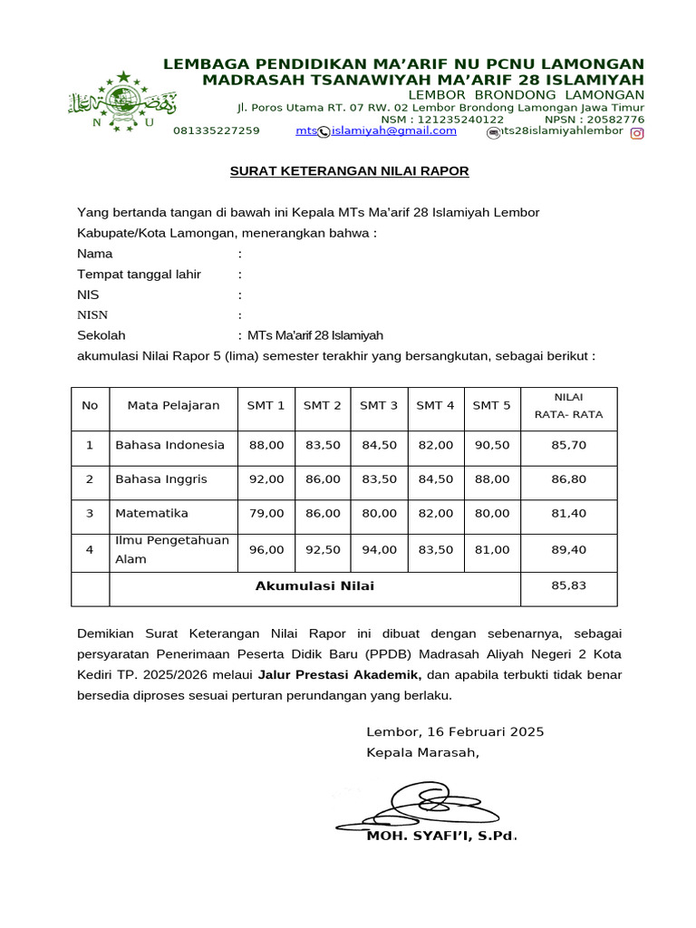 Surat Keterangan Nilai Rapor MTs | PDF