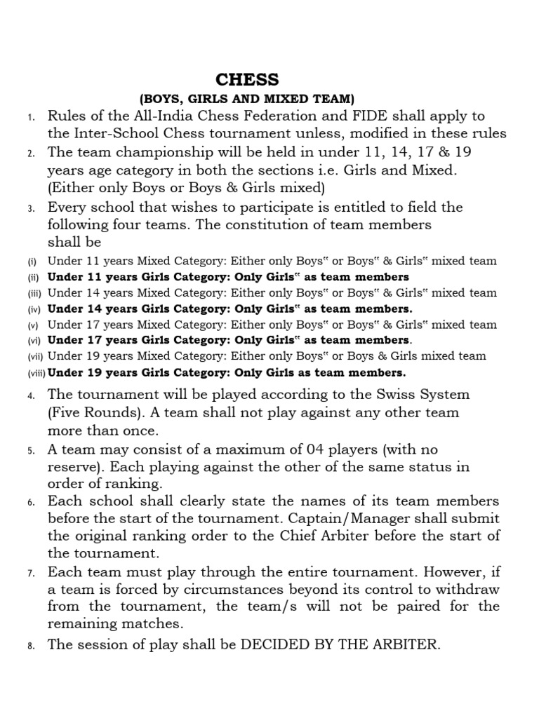 CHESS CBSE RULES | PDF | Sports | Abstract Strategy Games