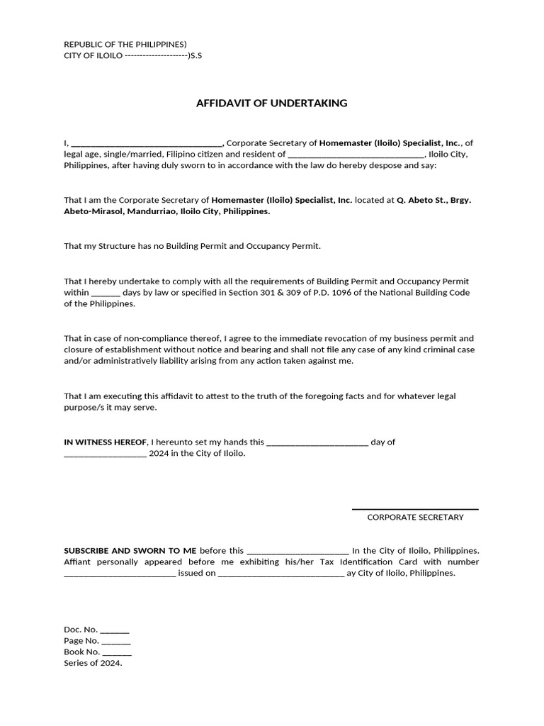 Sample Notarized Affidavit of Undertaking | PDF