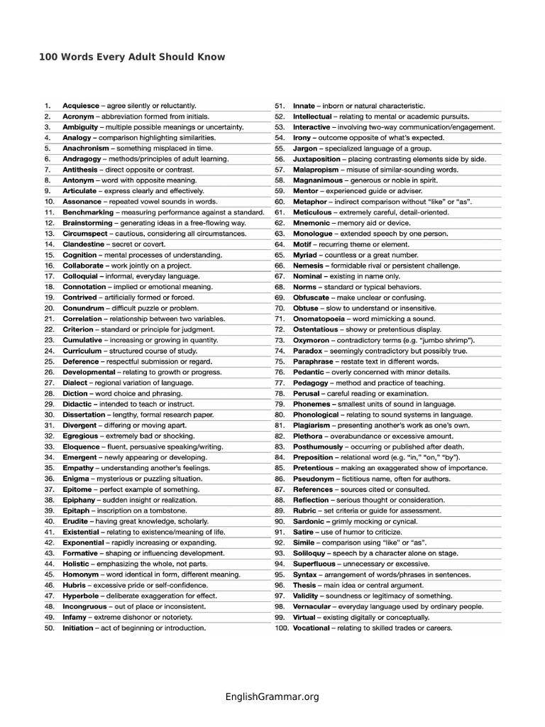 Essential Vocabulary for Adults | PDF | Word | Linguistics
