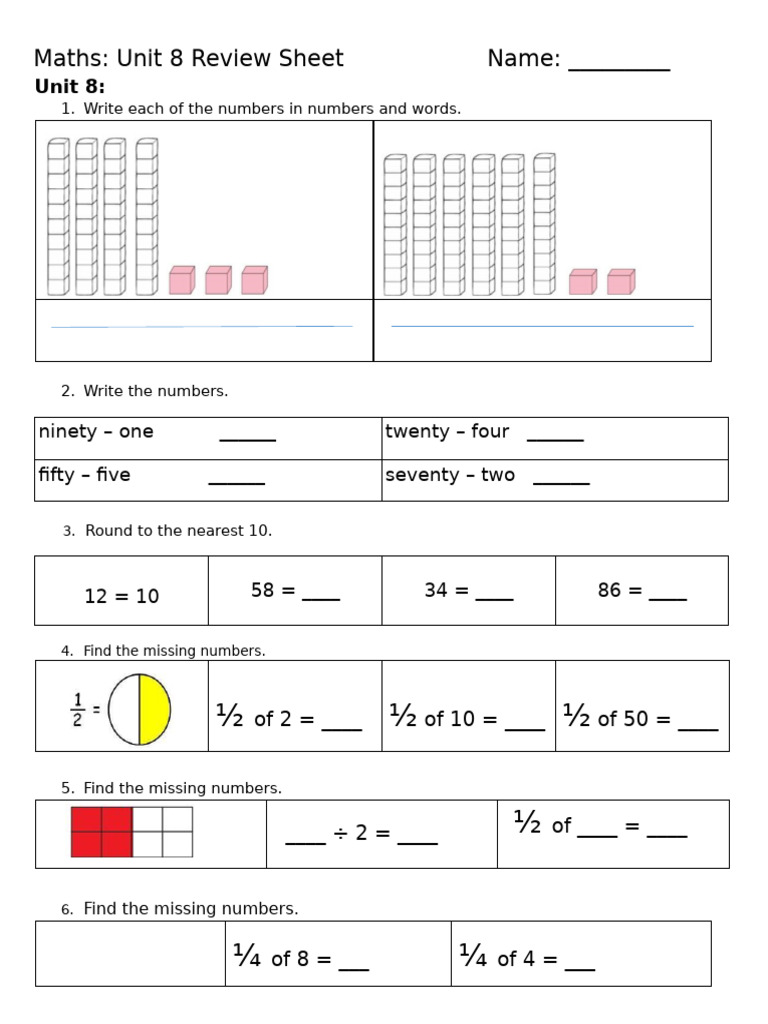 Maths Unit 8 - Review Worksheet | PDF
