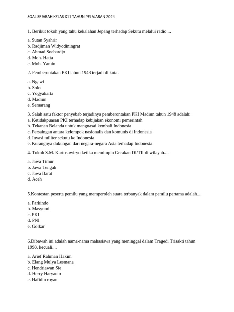 Soal Sejarah Kelas 12 Tahun Pel. 2024 | PDF