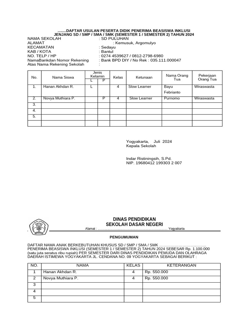 Lampiran SPJ Inklusi Sem 1 TH 2024 | PDF