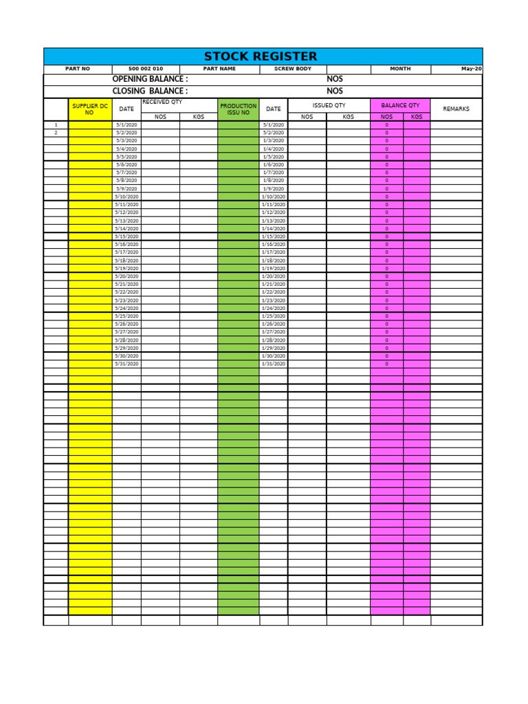 Stock Register For Raw Materials - Empty Format | PDF